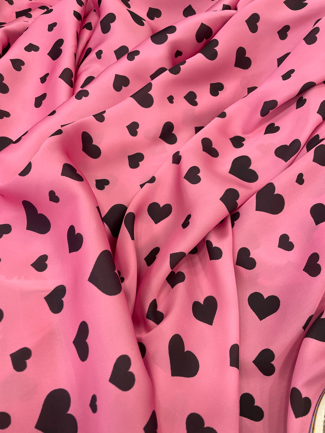 Pink Black Heart Pattern Silk Satin Fabric (can Be Printed on the ...