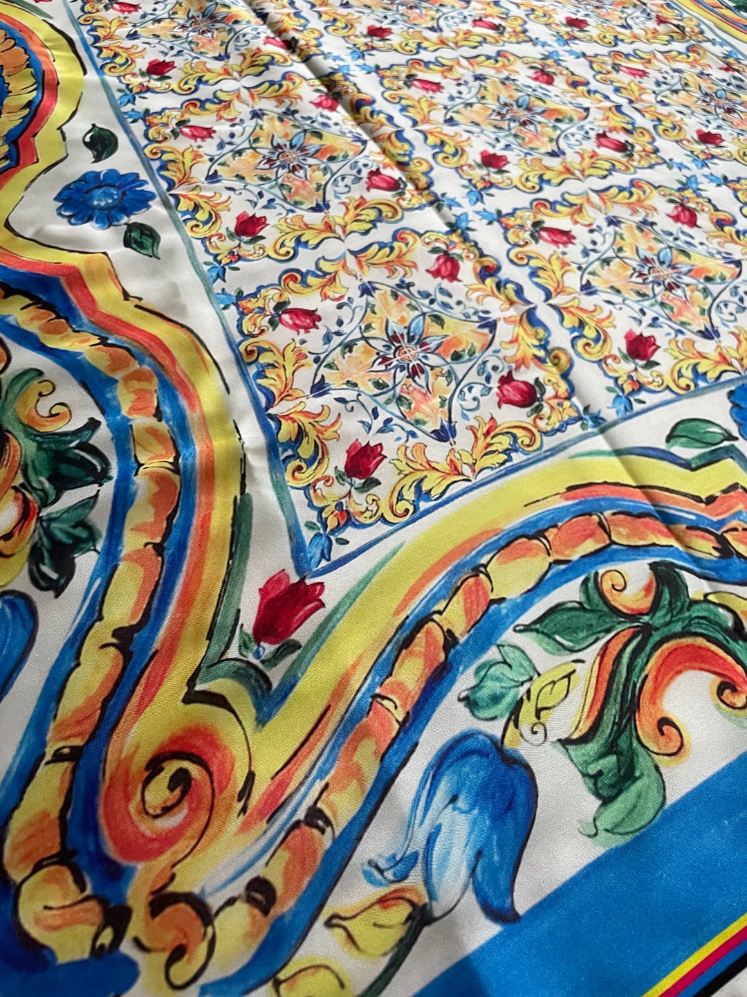 Majolica Sicilian Panel Pattern Silky Satin Fabric-digital Print is ...