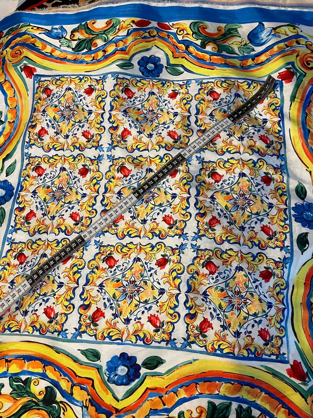 Majolica Sicilian Panel Pattern Silky Satin Fabric-digital Print is ...
