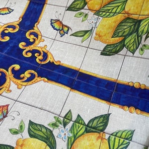 Sicilian Tile Style Pattern Linen Fabric Lemon Pattern-majolica Design ...