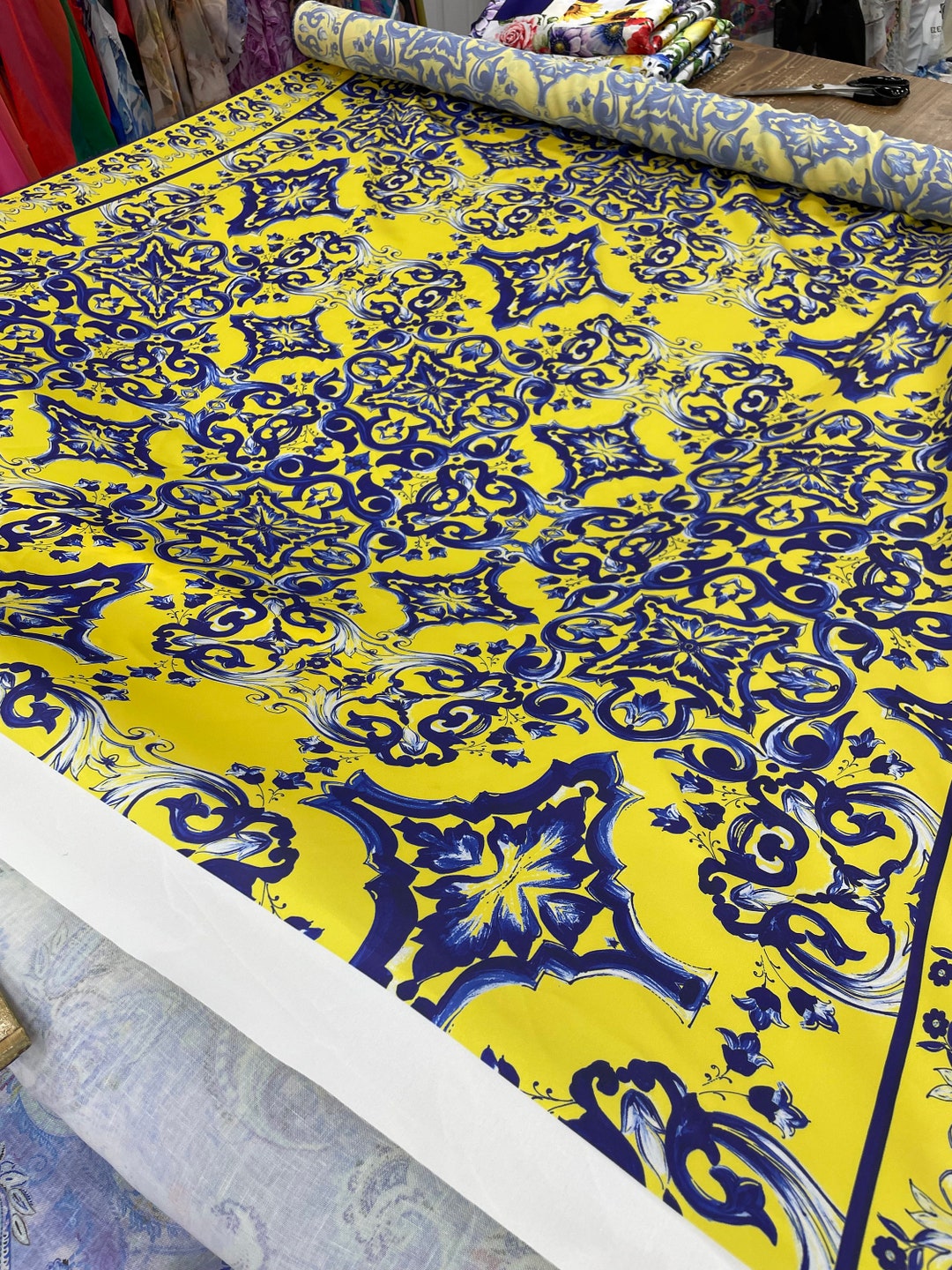 Majolica Blue Yellow Silky Satin Fabric& Exclusive Pattern printed on ...