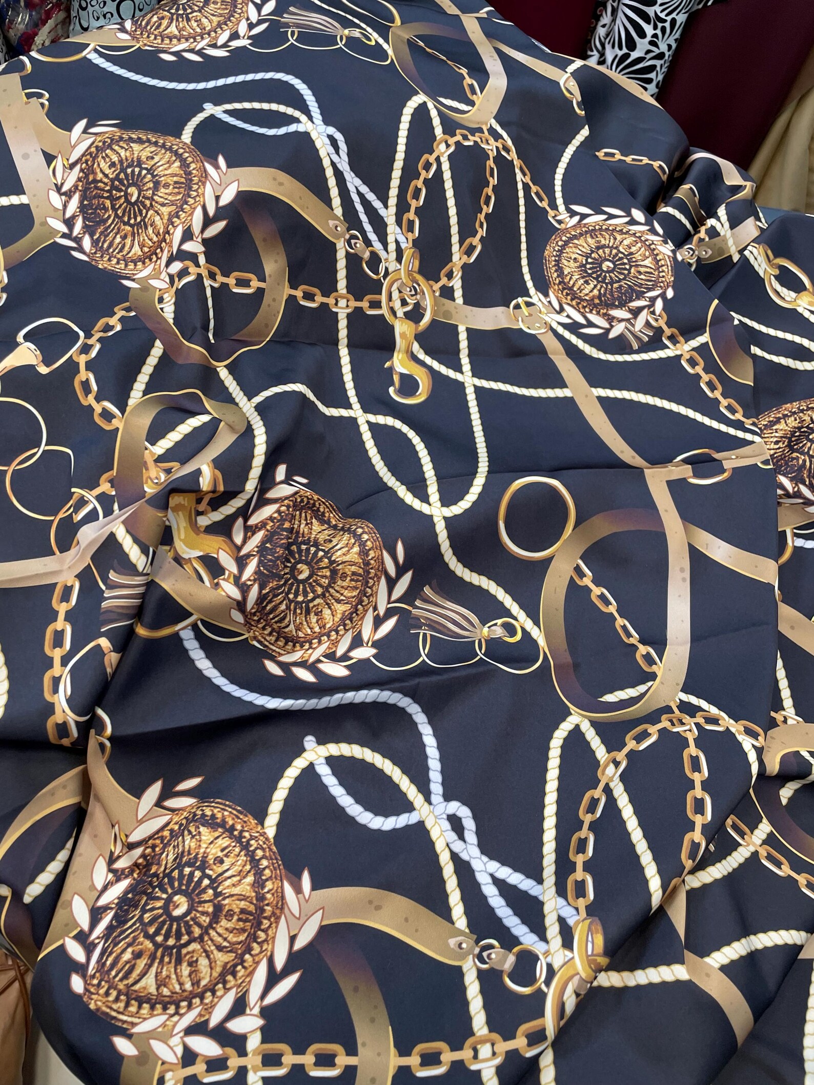 Chained Baroque Gold Pattern Silky Satin Fabric-(possibility of ...
