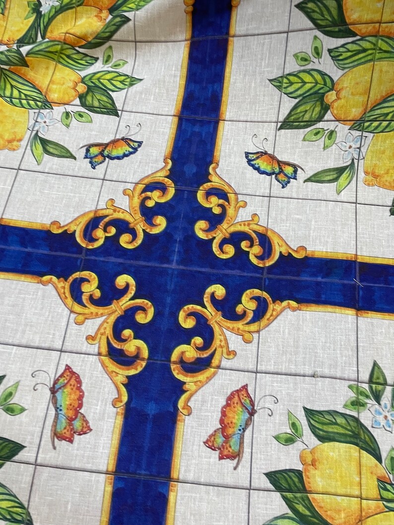 Sicilian Tile Style Pattern Linen Fabric Lemon Pattern-majolica Design ...