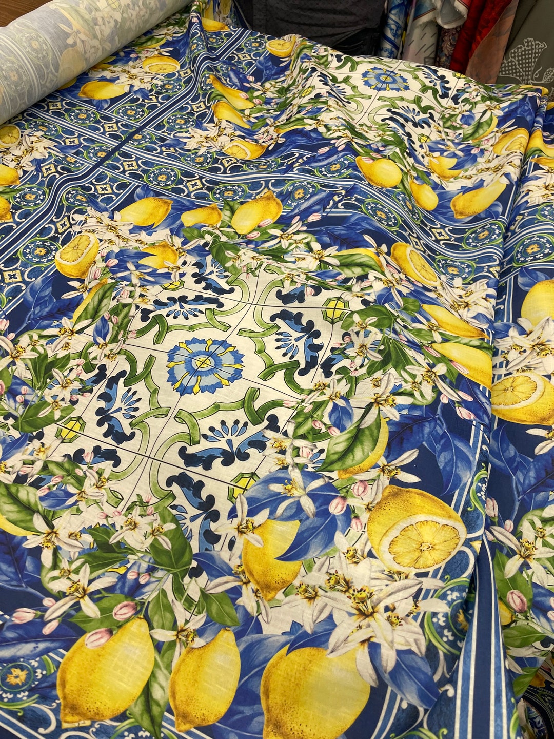 Majolica Pattern Linen Fabric-skirt-blouse-tablecloth-pillowcase ...