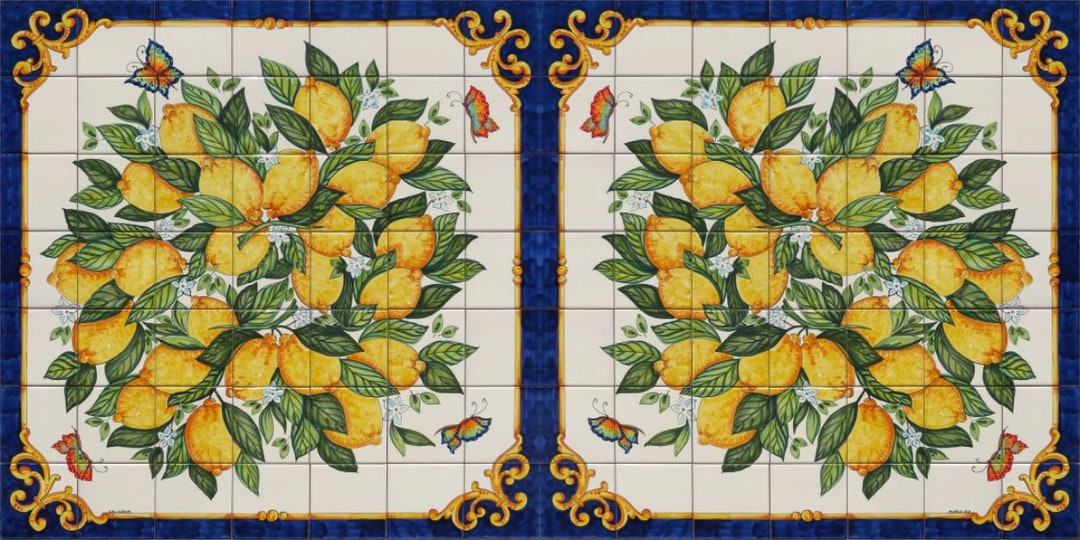 Sicilian Tile Style Pattern Linen Fabric Lemon Pattern-majolica Design ...