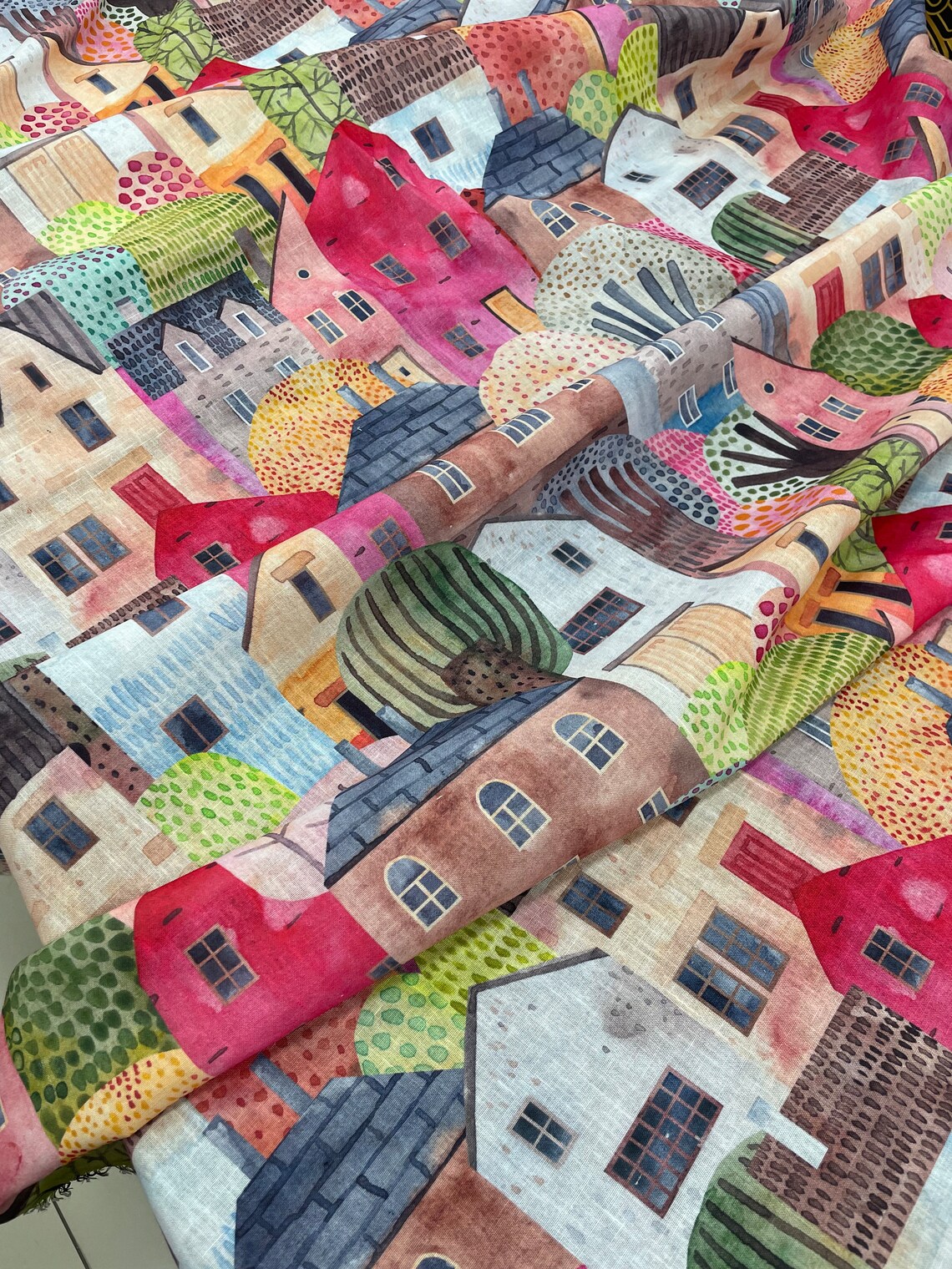 Colorful Houses Linen Fabric, Designer Print Fabric by the Yard - Etsy