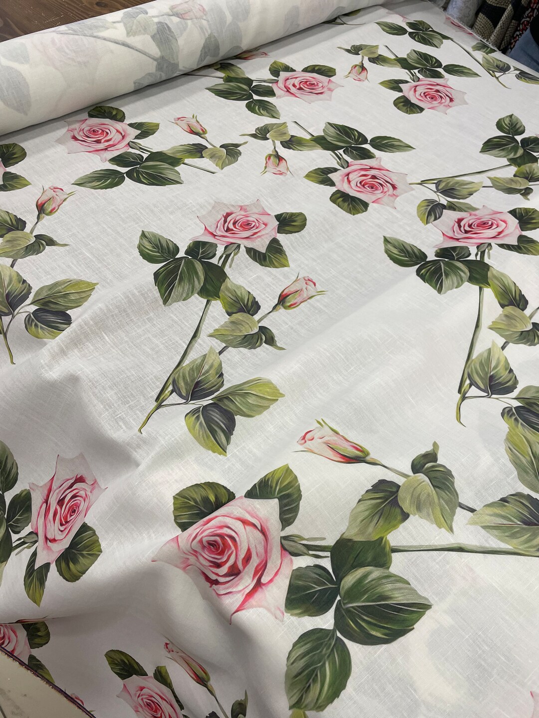 Pink Roses Fabric Linen Fabric dressed Fabric possibility to Print on ...