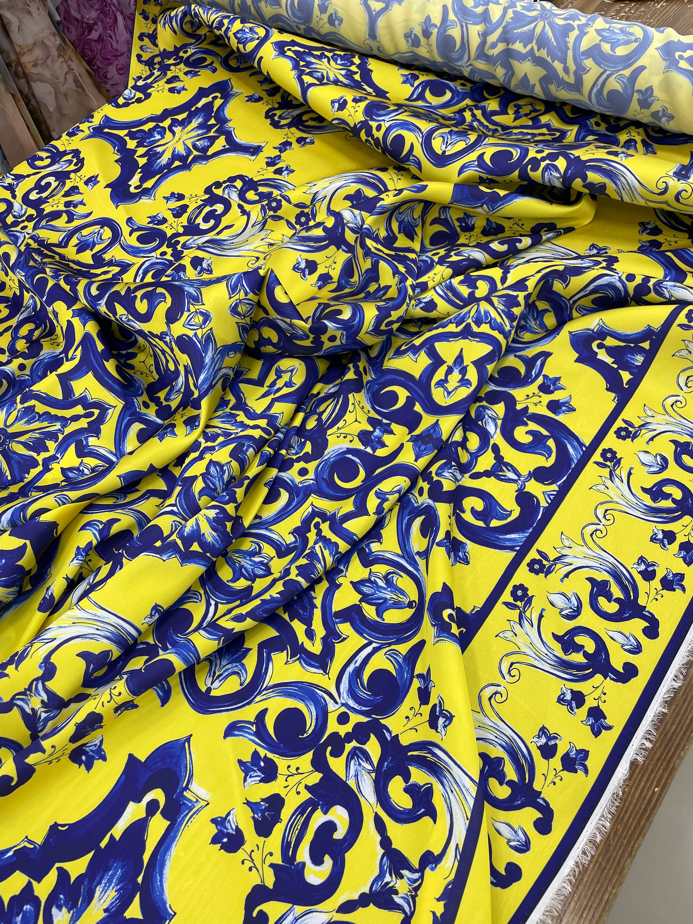 Majolica Blue Yellow Silky Satin Fabric: Exclusive Pattern - Etsy