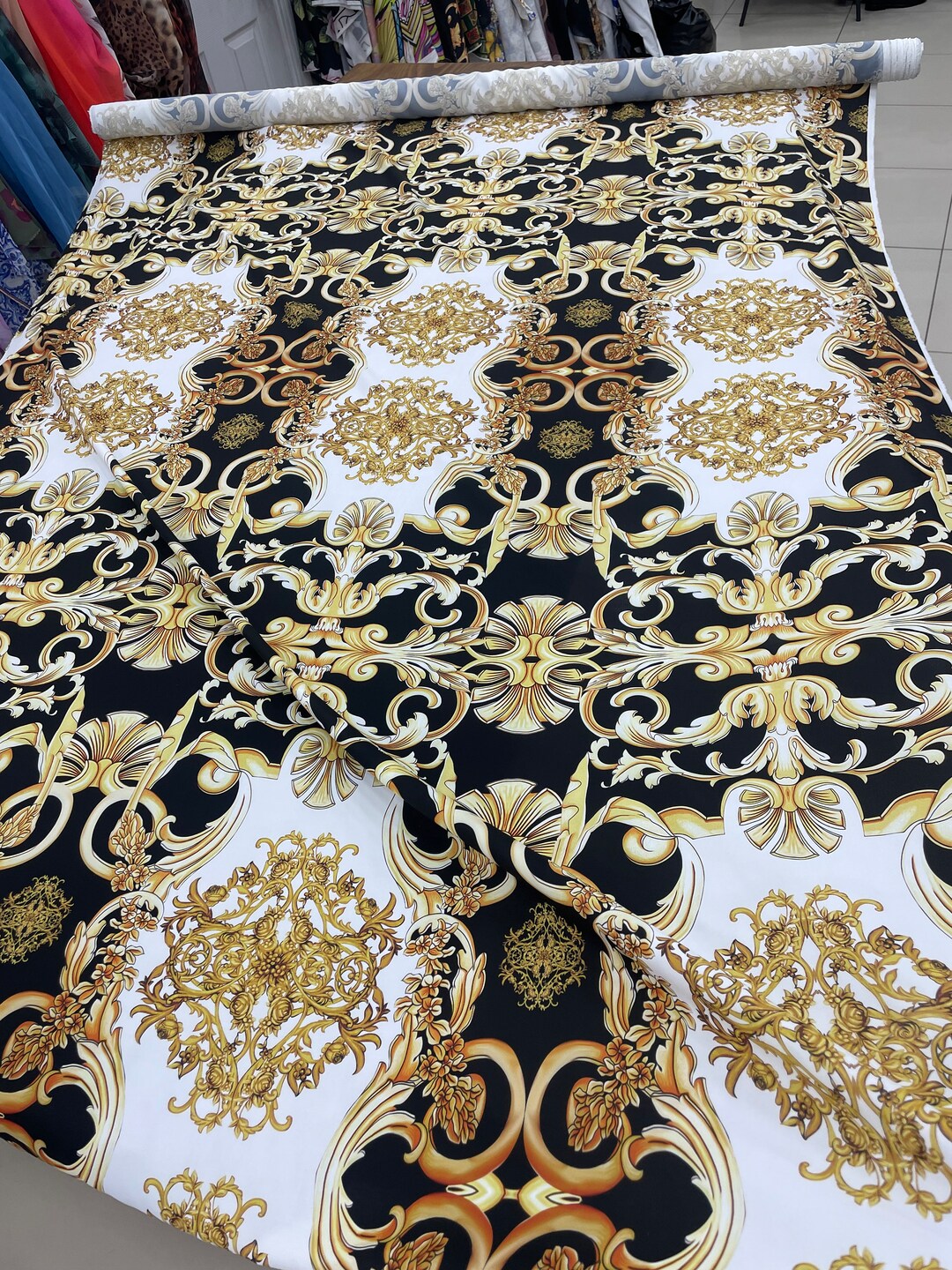 Golden Curved Patterned Crepe Fabric - First Quality Fabric for ...
