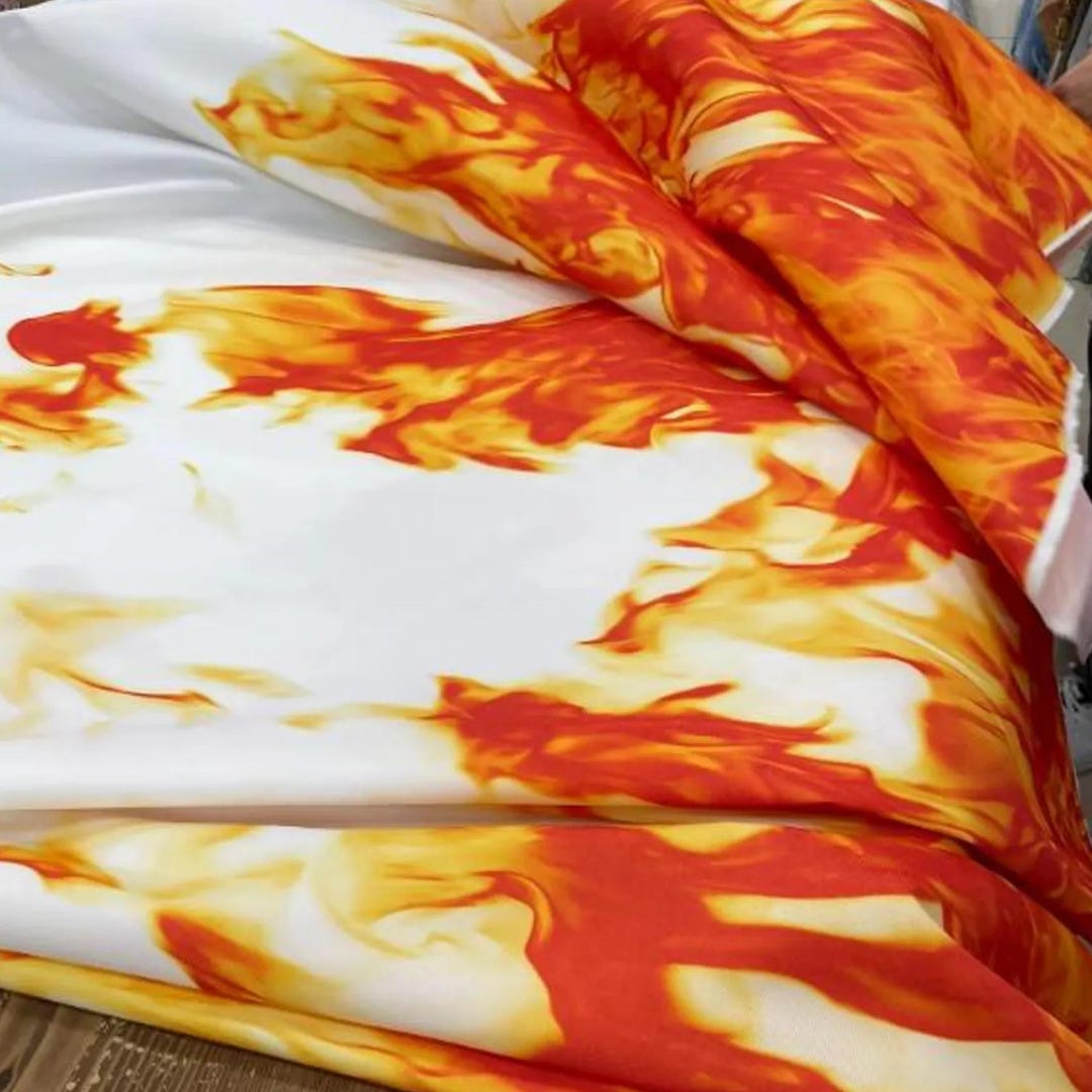 White Flame Satin Fabric Red Fire Print Dress Material - Etsy