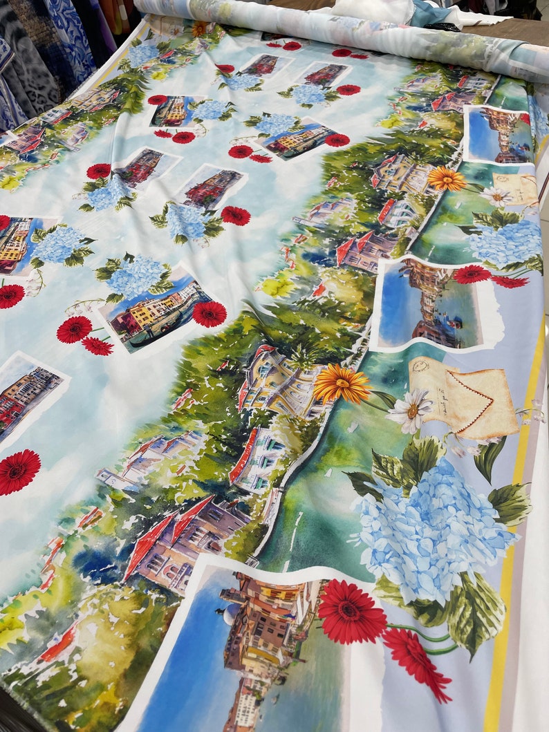 Painting-like Silk Satin Luxury Fabric With Landscape Pattern - Printed ...