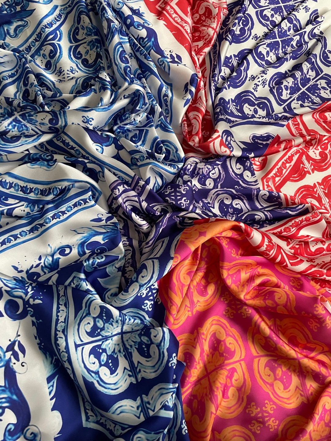 7 Color -majolica Sicilian Pattern Silky Crepe Fabric, Panel Fabric ...