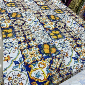 Lemon Ceramic Pattern Linen Fabric - Italian Tiles Patterned Fabric ...