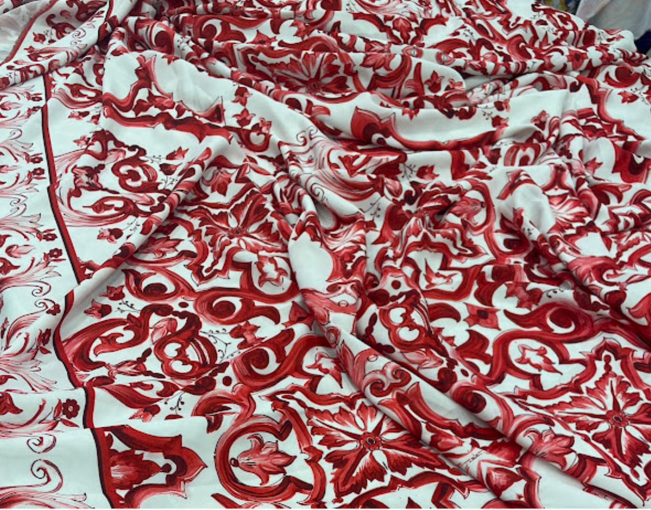 Majolica Red Color Crepe Fabric& Exclusive Pattern printed on - Etsy