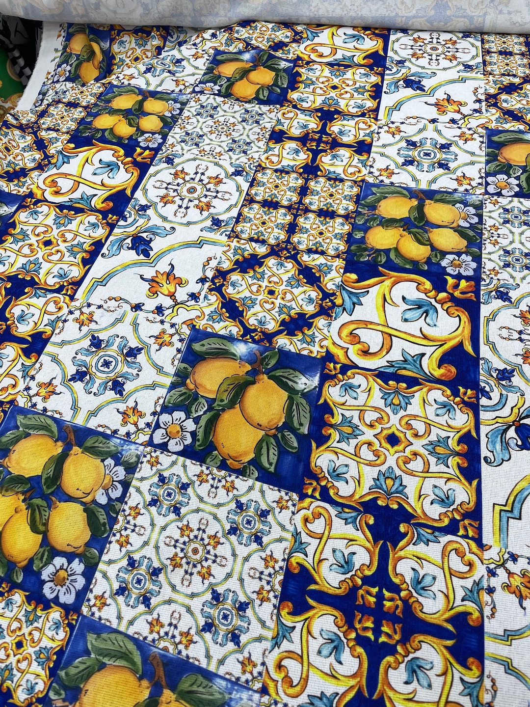 Lemon Ceramic Pattern Linen Fabric - Italian Tiles Patterned Fabric ...