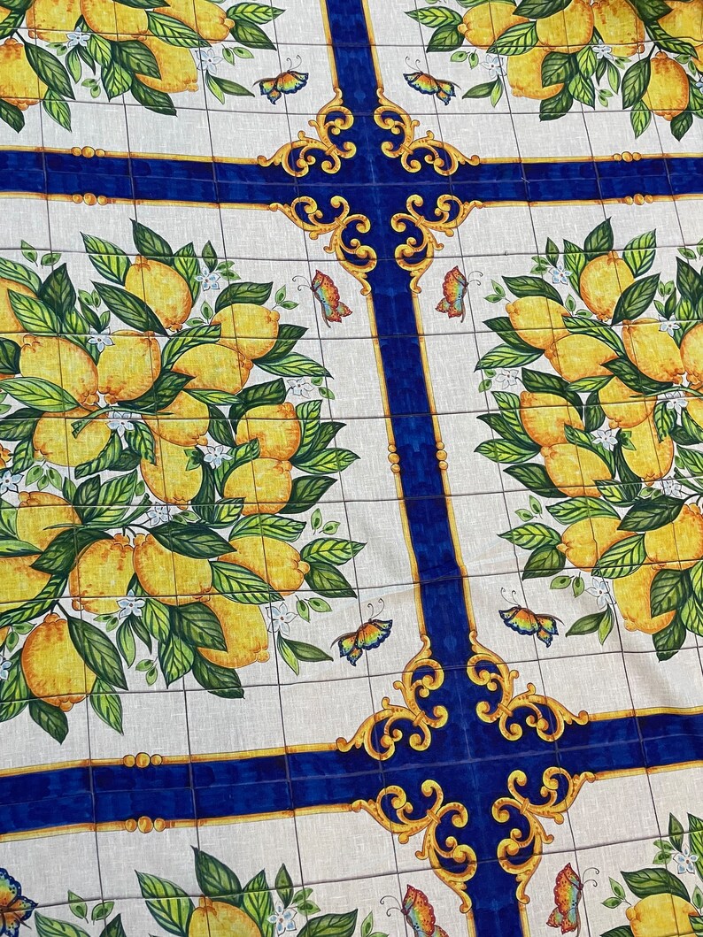 Sicilian Tile Style Pattern Linen Fabric Lemon Pattern-majolica Design ...