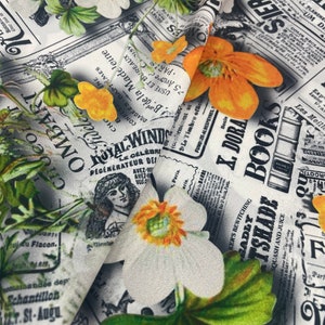 Old Newspaper Patterned and Floral Crepe Fabric--(printed on the ...