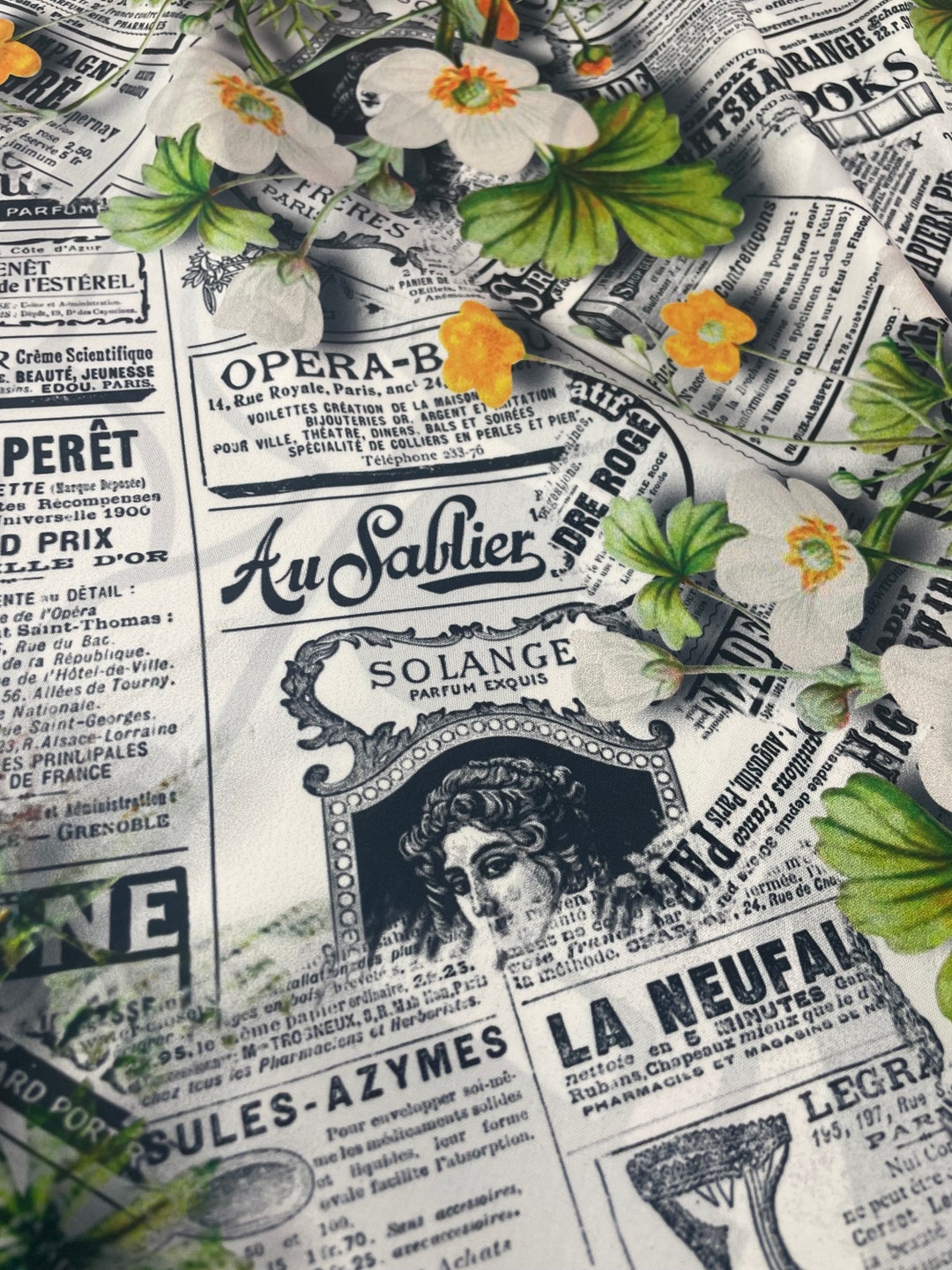 Old Newspaper Patterned and Floral Crepe Fabric--(printed on the ...