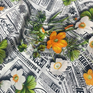 Old Newspaper Patterned and Floral Crepe Fabric--(printed on the ...