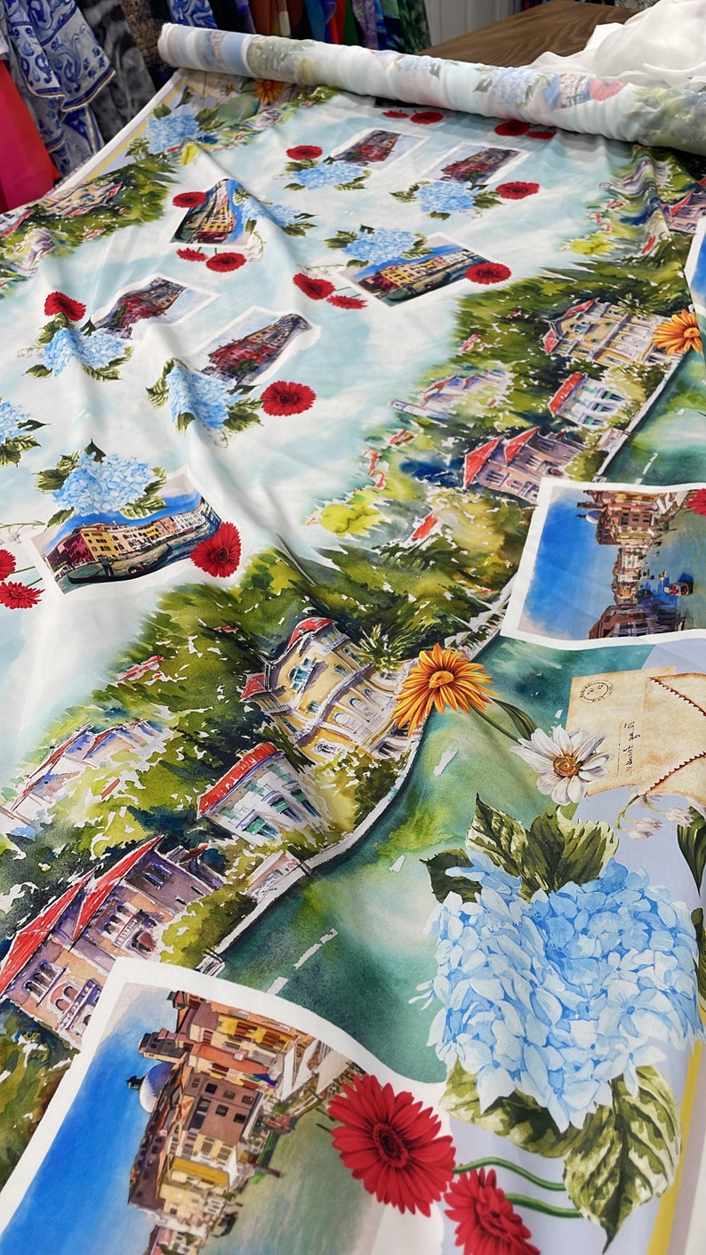Painting-like Silk Satin Luxury Fabric With Landscape Pattern - Printed ...