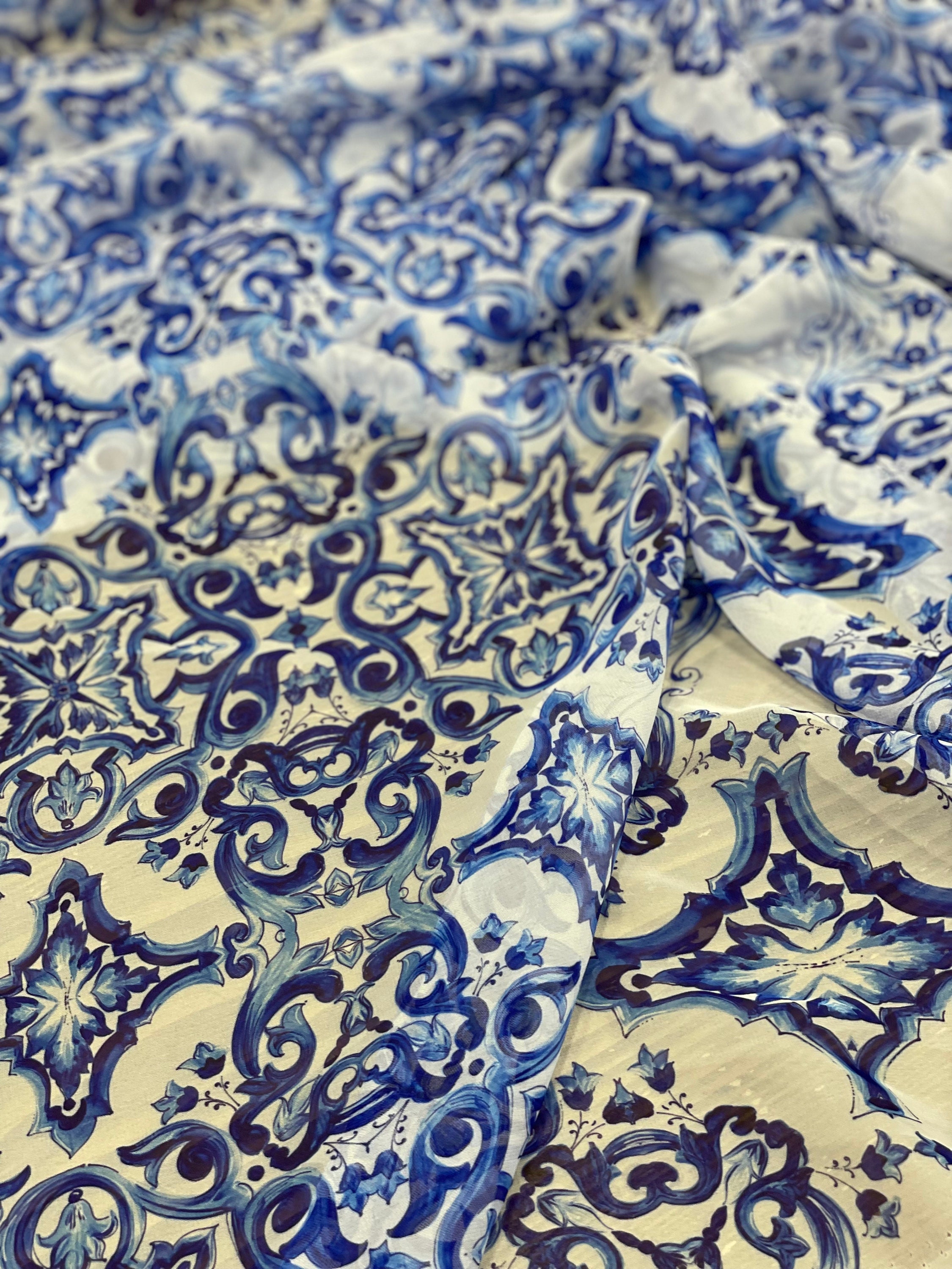 Blue Majolica Silky Chiffon Fabric: Exclusive Pattern - Etsy