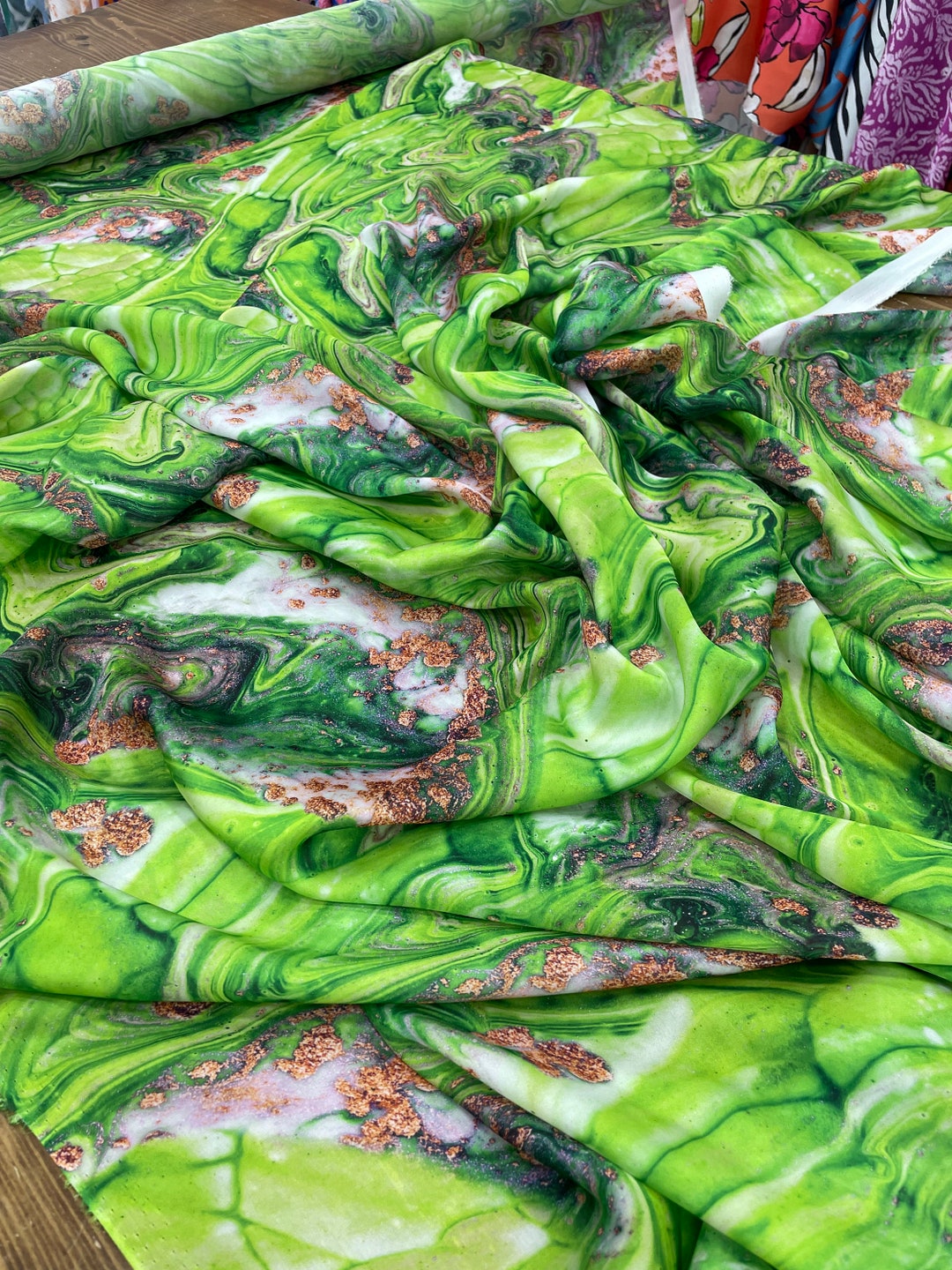 Green Marble Silky Satin Fabric: Vivid Dressmaking Material - Etsy