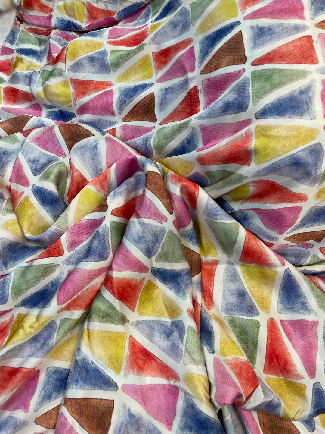 Multicolor Triangle Design Silky Satin Fabric& printed on the Desired ...