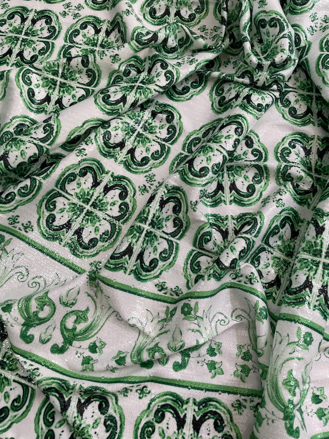 Green Majolica Patterned Sequin Fabric: Flexible Evening Dress Material ...