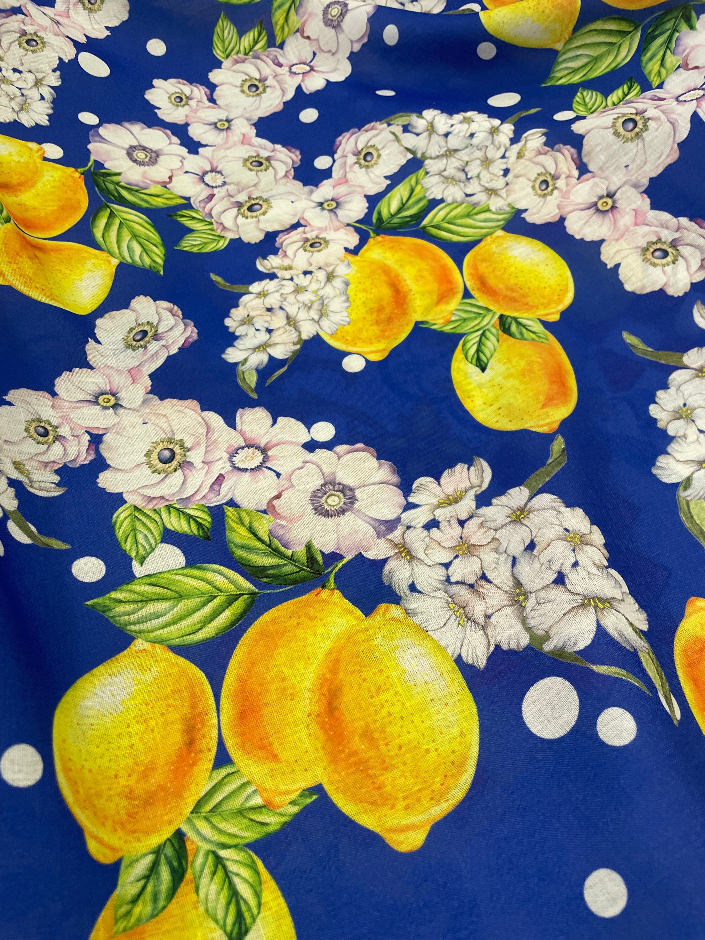 Blue Sicilian Style Patten Linen Fabric-lemon Flower Pattern - Etsy