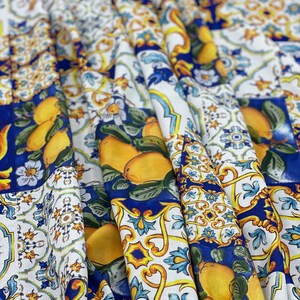 Lemon Ceramic Pattern Linen Fabric - Italian Tiles Patterned Fabric ...