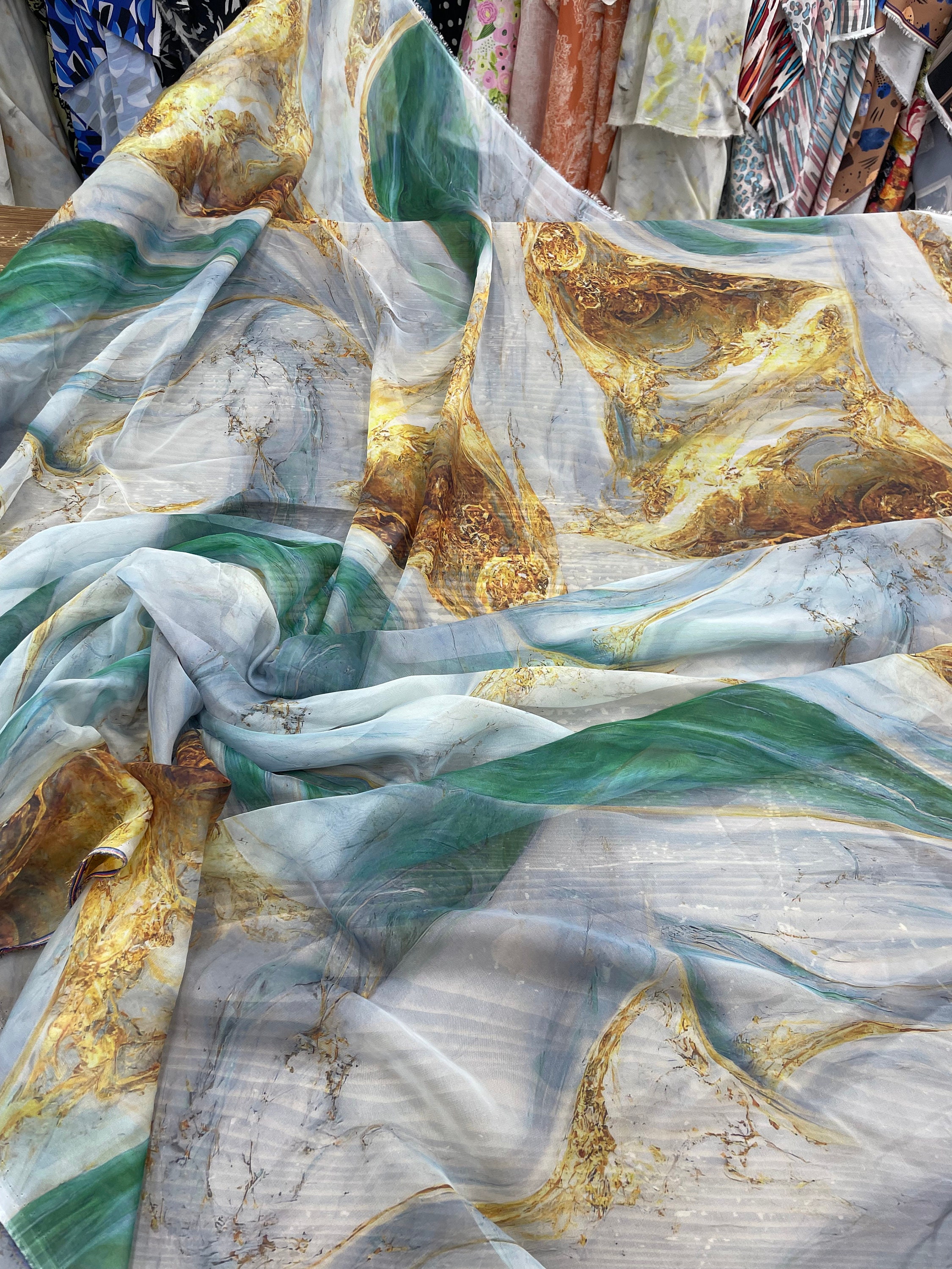 Gold Green Marble Patterned Silky Chiffon Fabric -(printed on the ...