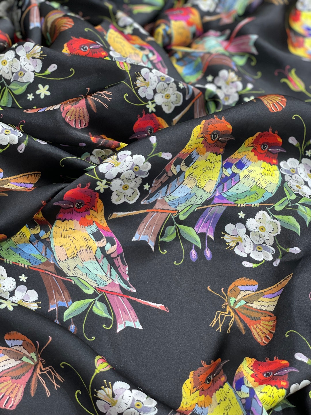 Butterfly-bird- Flower- Patten Silky Satin Fabric-highquality Fabric ...