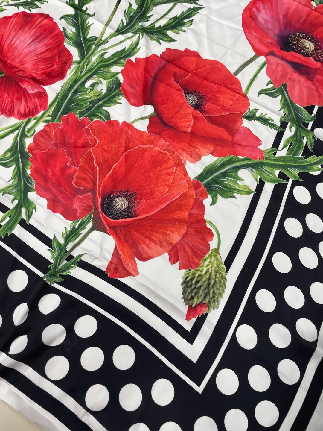 Silky Satin Fabric Panel (1.5 Mt) – Poppy Flowers and Polka Dots - Etsy