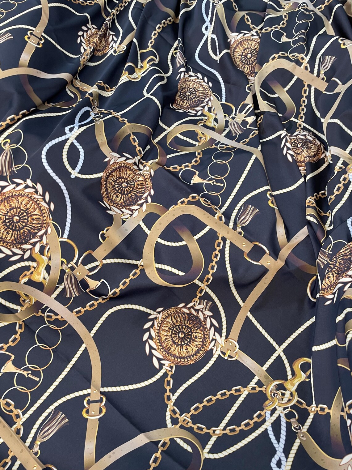 Chained Baroque Gold Pattern Silky Satin Fabric-(possibility of ...