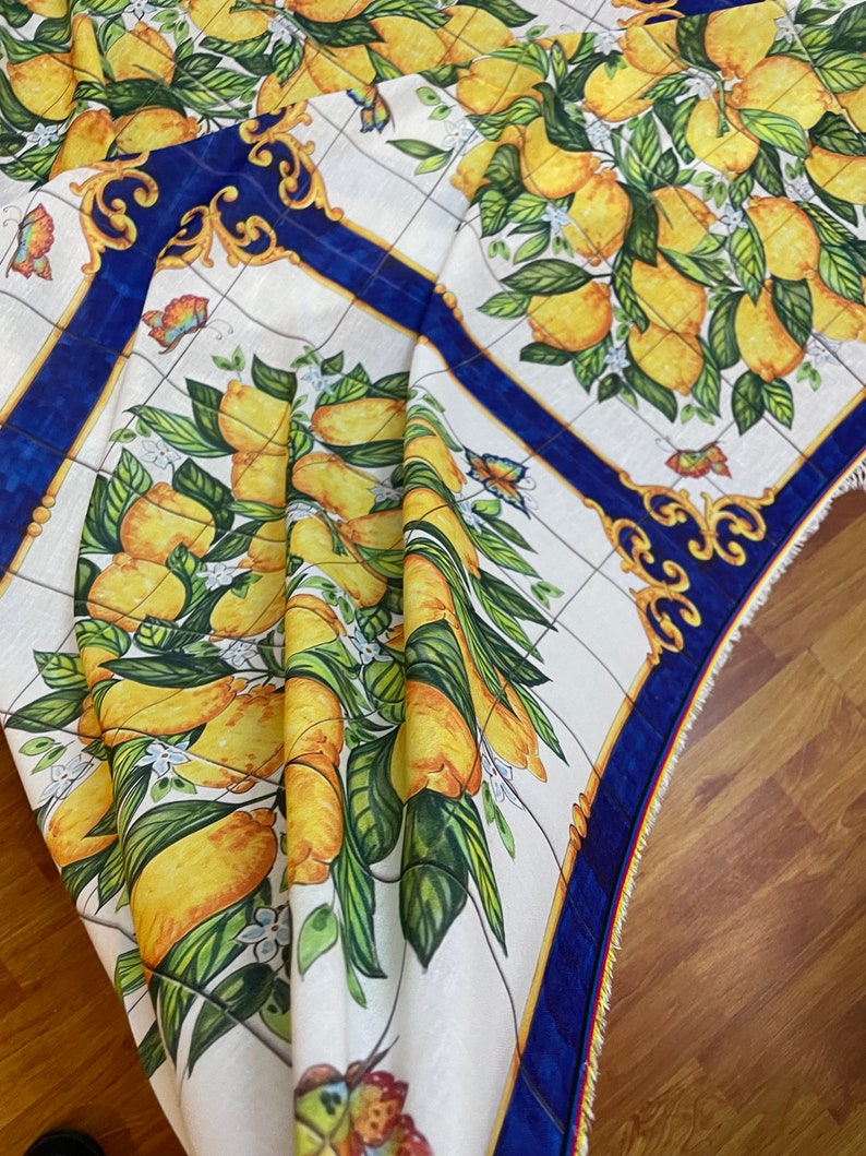 Sicilian Tile Style Pattern Linen Fabric Lemon Pattern-majolica Design ...
