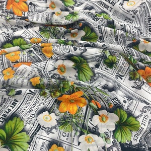 Old Newspaper Patterned and Floral Crepe Fabric--(printed on the ...