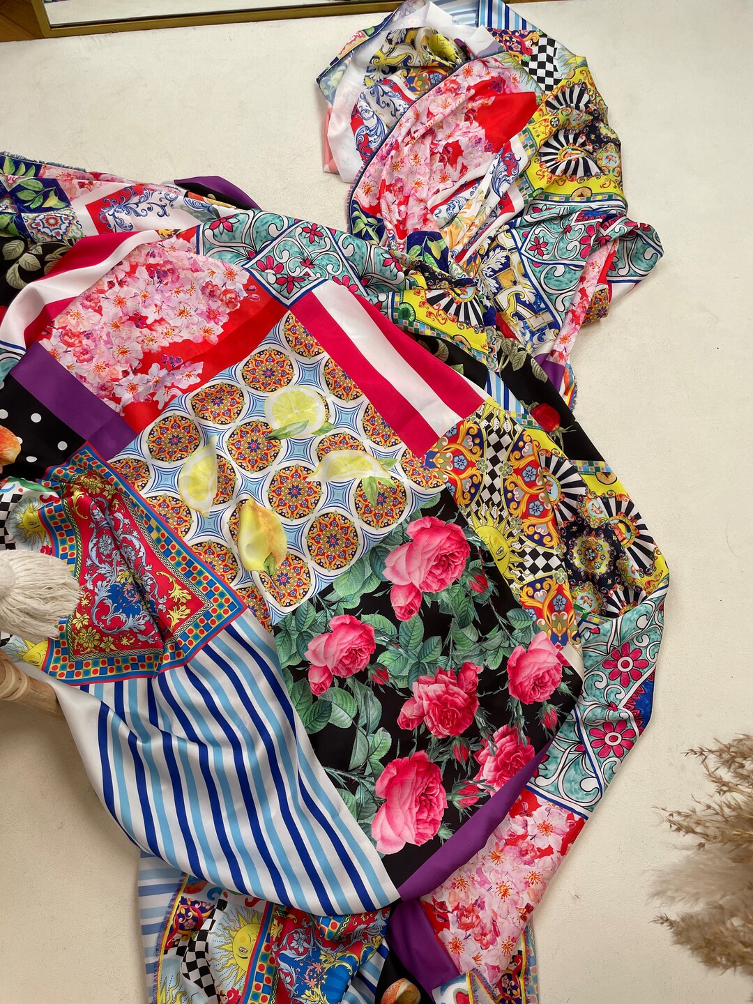 Luxury Patchwork Silky Satin Fabric& Exclusive Pattern -printed on the ...