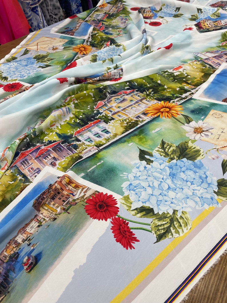 Painting-like Silk Satin Luxury Fabric With Landscape Pattern - Printed ...