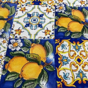 Lemon Ceramic Pattern Linen Fabric - Italian Tiles Patterned Fabric ...
