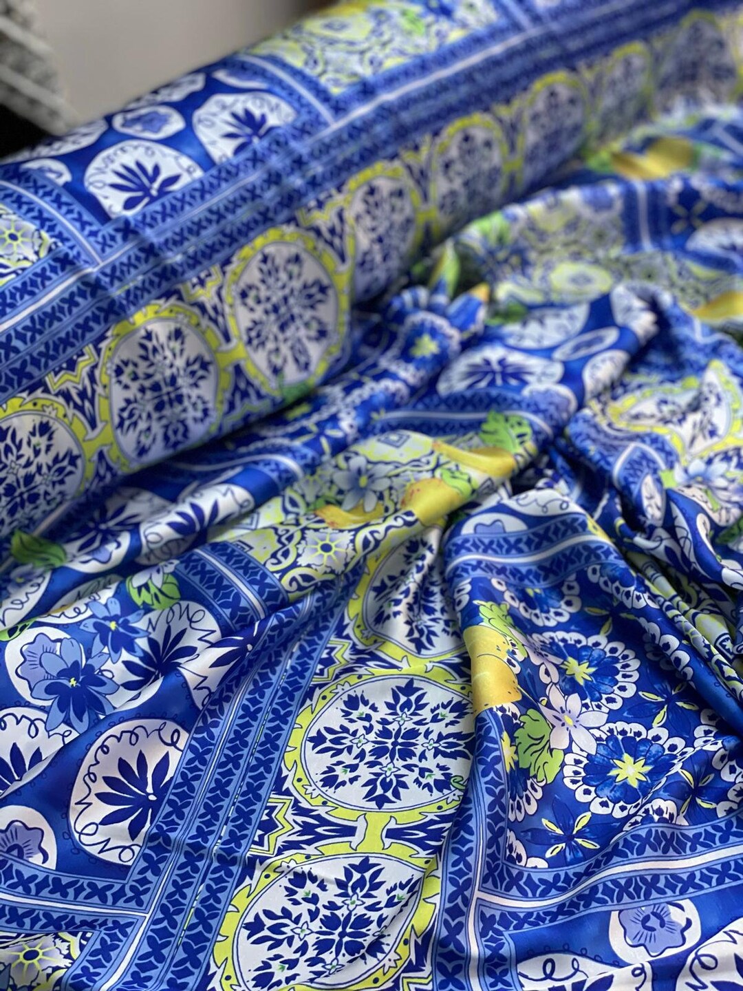 Majolica Blue Tile Patterned Crepe Fabric-luxury Fabric-(possibility of ...