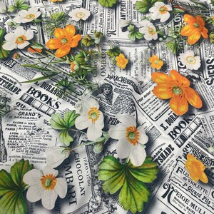 Old Newspaper Patterned and Floral Crepe Fabric--(printed on the ...
