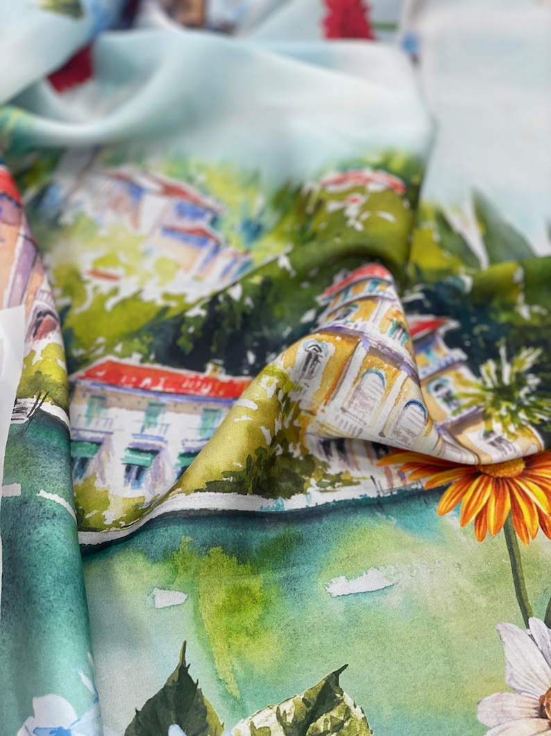 Painting-like Silk Satin Luxury Fabric With Landscape Pattern - Printed ...