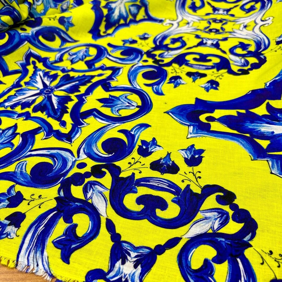 Majolica Blue Yellow Silky Satin Fabric: Exclusive Pattern - Etsy