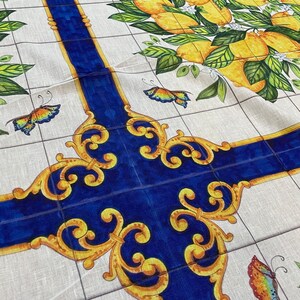 Sicilian Tile Style Pattern Linen Fabric Lemon Pattern-majolica Design ...