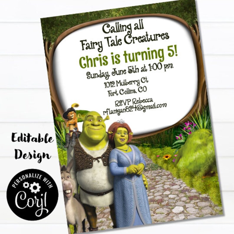 Editable Girls or Boys Shrek Printable Birthday Party Invitation ...