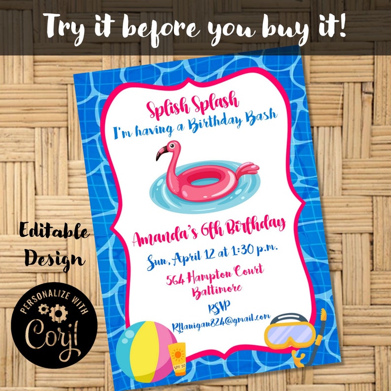 Editable Pool Party Invitation, Flamingo Pool Birthday Invitation, Pool ...
