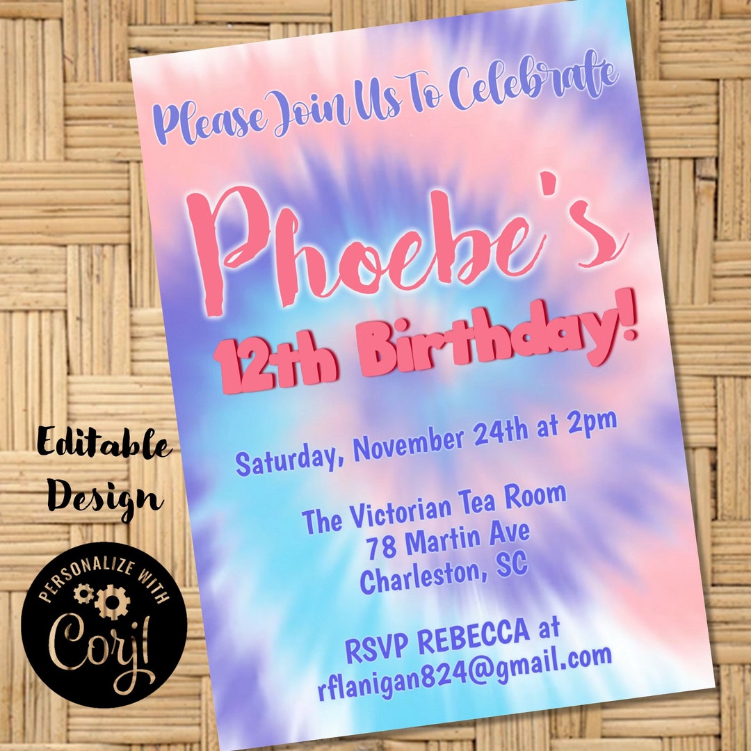 Editable Tie Dye Birthday Invitation, Rainbow Birthday Invitation ...