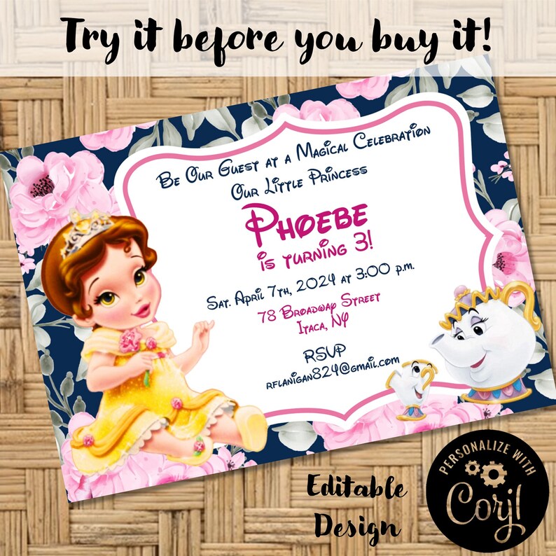 Editable Little Princess Belle Pink Flowers Beauty and the Beast Baby ...