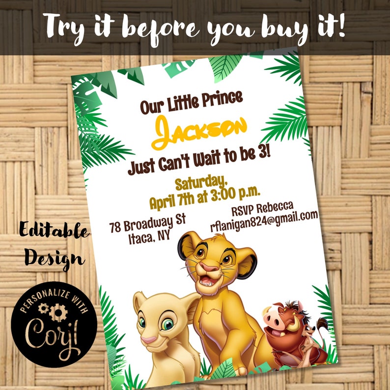 Editable Lion King Simba Simba Nala Pumbaa Printable Birthday Party ...
