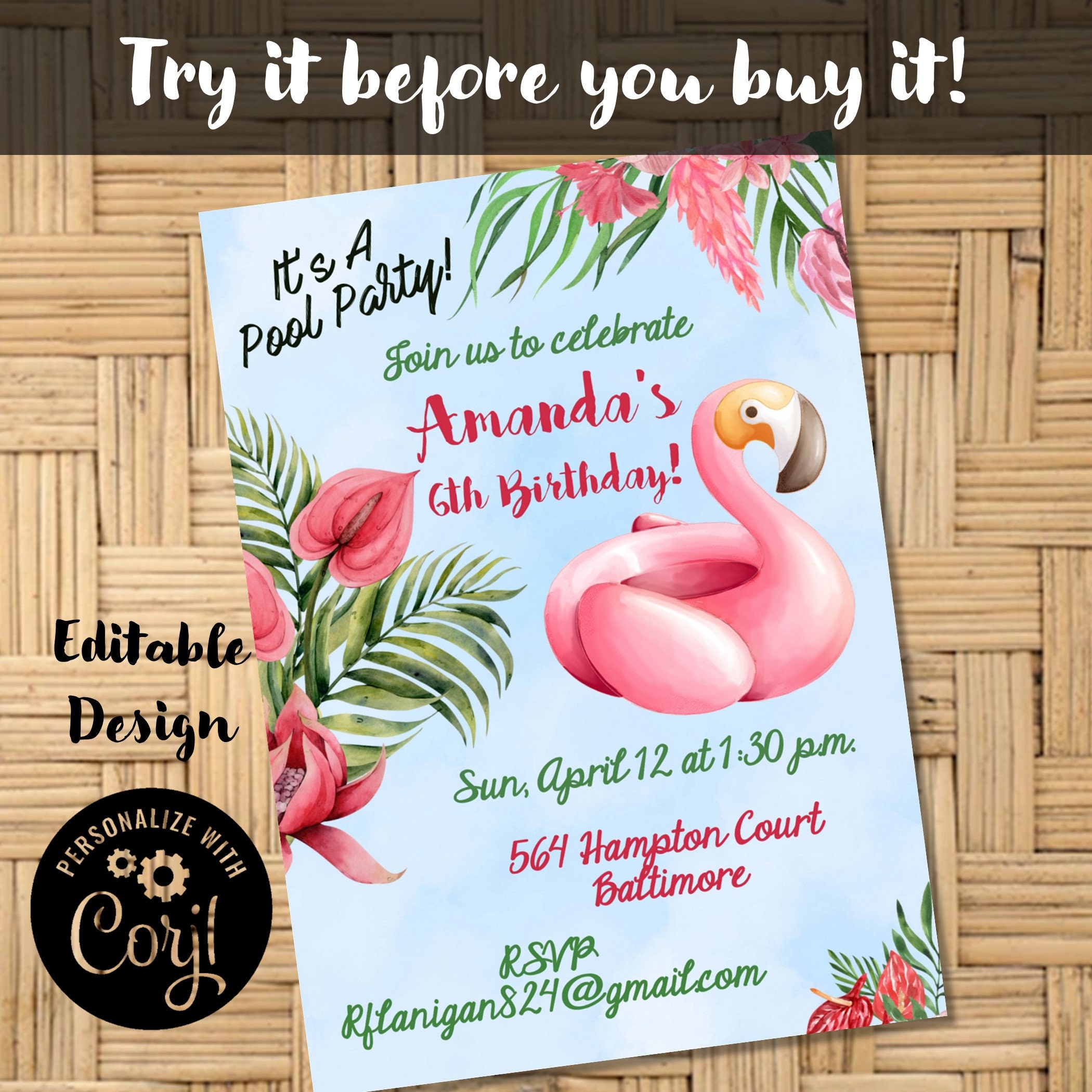 Editable Tropical Pool Party Invitation, Flamingo Pool Birthday Invite ...